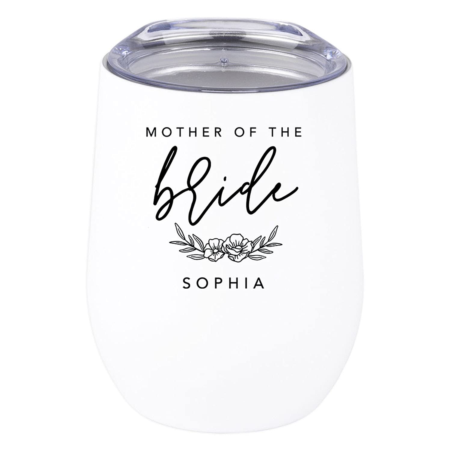 Andaz Press Personalized Mother Of The Bride Wine Tumbler with Lid 12 Oz Stemless Stainless Steel Insulated Custom Name Tumbler Gift for Mother in Law Mom Wedding Engagement Party Bridal Shower Gifts