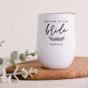 Andaz Press Personalized Mother Of The Bride Wine Tumbler with Lid 12 Oz Stemless Stainless Steel Insulated Custom Name Tumbler Gift for Mother in Law Mom Wedding Engagement Party Bridal Shower Gifts