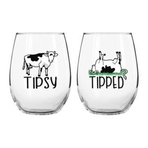 drinking divas 'tipsy' and 'tipped' wine glasses - set of 2 stemless non-rolling, flat bottom 15oz tumblers with sayings | cute & funny cow gifts for mom, girlfriend, wife, best friend