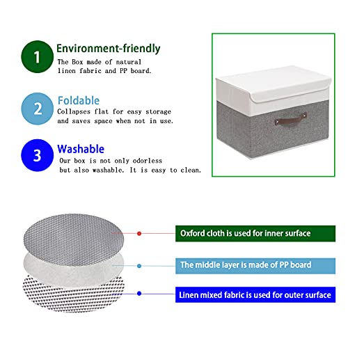 OUTBROS Foldable Storage Boxes with Lids,Large Linen Fabric Foldable Storage Boxes Organizer,Closet Organizers for Clothes Storage, Office Storage 13 x 9.1 x 7.9 inch,White/Grey，1-Pack