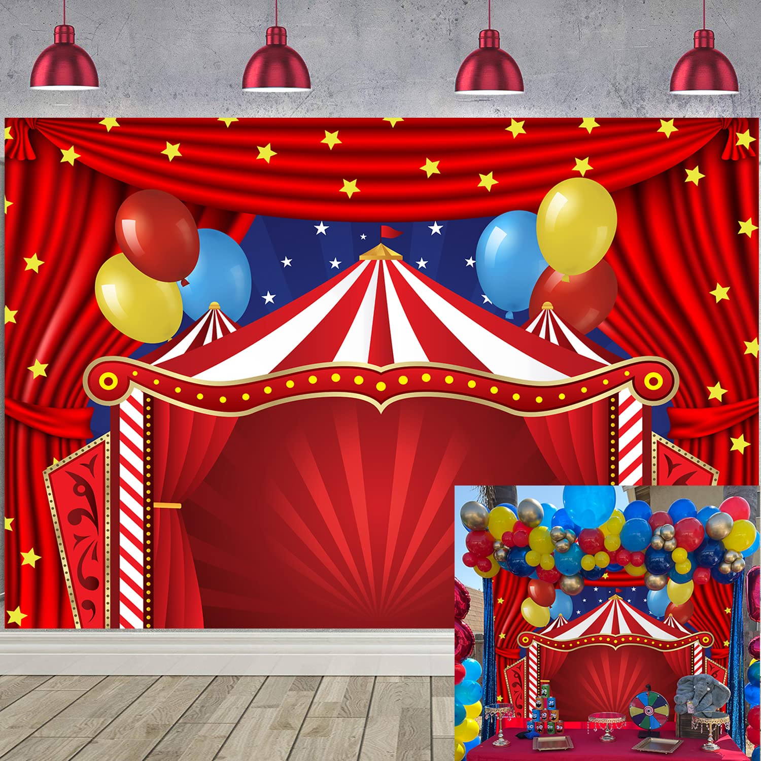 Cenven Red Circus Carnival Backdrop Curtain Stars Birthday Party Photography Background Newborn Baby Shower Birthday Cake Table Decorations 7x5FT, 7x5FT(width 210cm x Height 150cm)