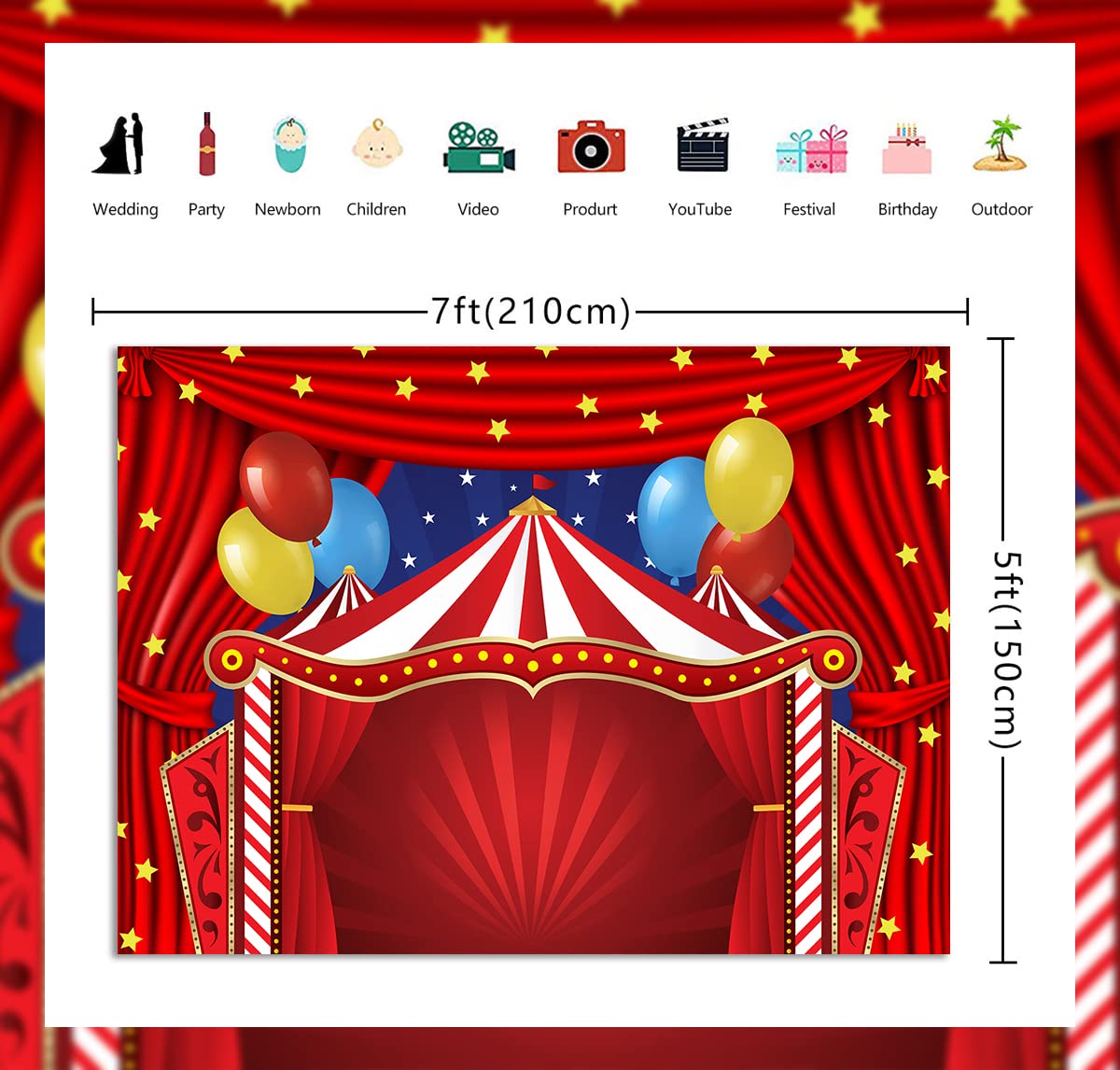 Cenven Red Circus Carnival Backdrop Curtain Stars Birthday Party Photography Background Newborn Baby Shower Birthday Cake Table Decorations 7x5FT, 7x5FT(width 210cm x Height 150cm)