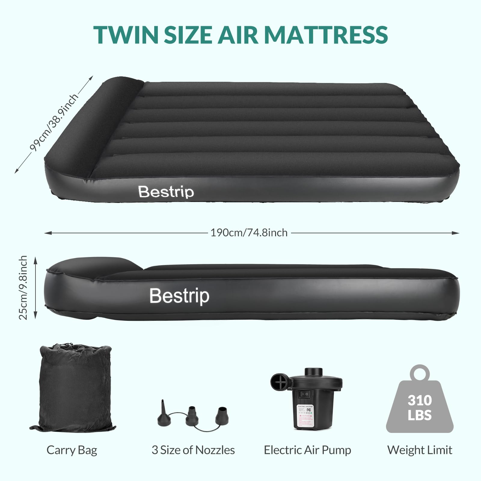 Bestrip Air Mattress Twin Size Inflatable Bed with Electric Air Pump Single Camping Blow Up Mattress, Camping Accessories