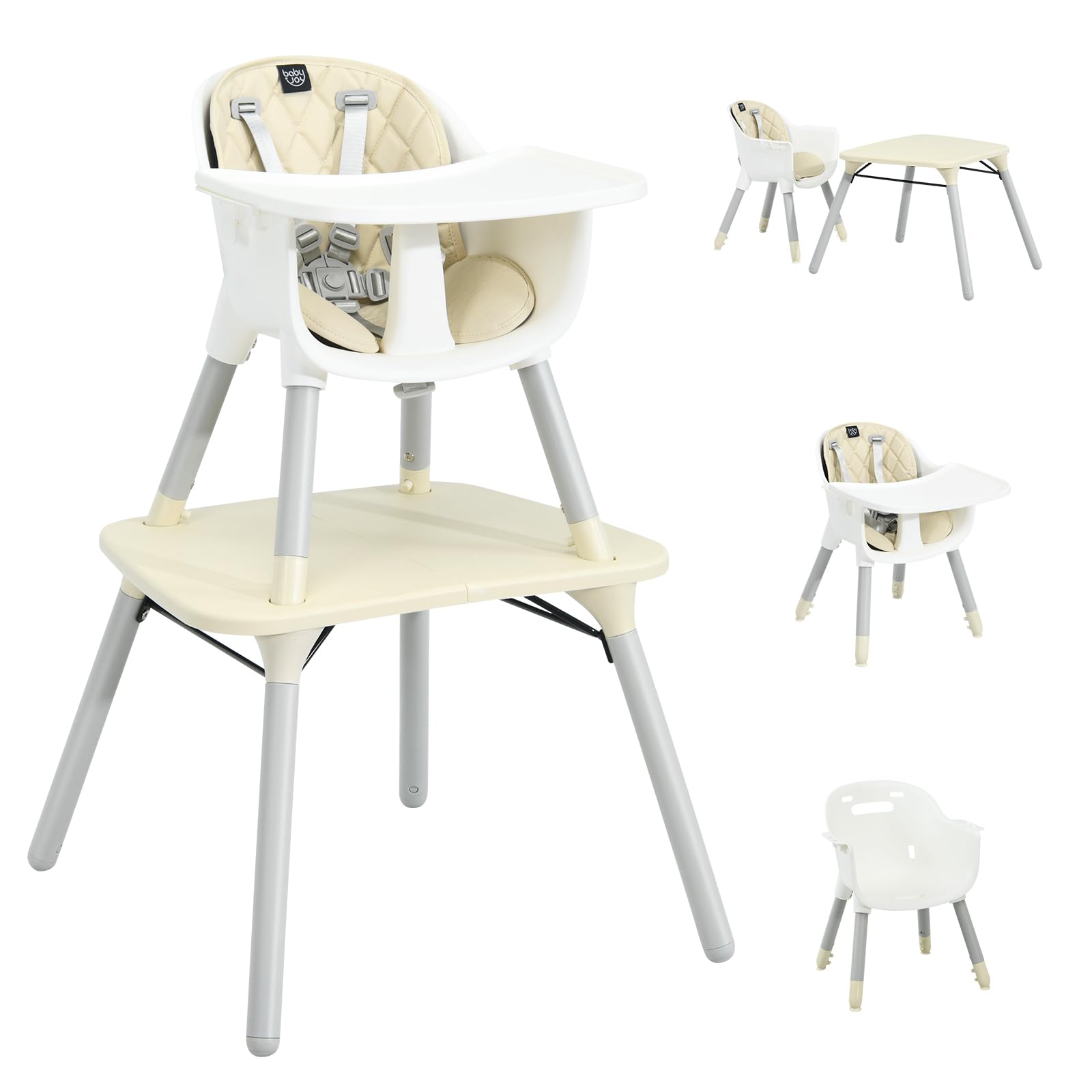 BABY JOY High Chair, 5 in 1 Convertible Highchair for Babies & Toddlers | Booster Seat | Table and Chair Set | Infant Feeding Chair with Removable Tray, Safety Harness, Removable Cushion (Beige)