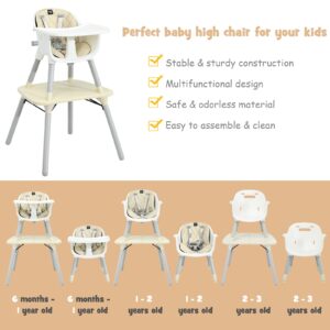 BABY JOY High Chair, 5 in 1 Convertible Highchair for Babies & Toddlers | Booster Seat | Table and Chair Set | Infant Feeding Chair with Removable Tray, Safety Harness, Removable Cushion (Beige)