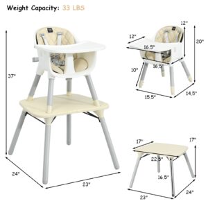 BABY JOY High Chair, 5 in 1 Convertible Highchair for Babies & Toddlers | Booster Seat | Table and Chair Set | Infant Feeding Chair with Removable Tray, Safety Harness, Removable Cushion (Beige)