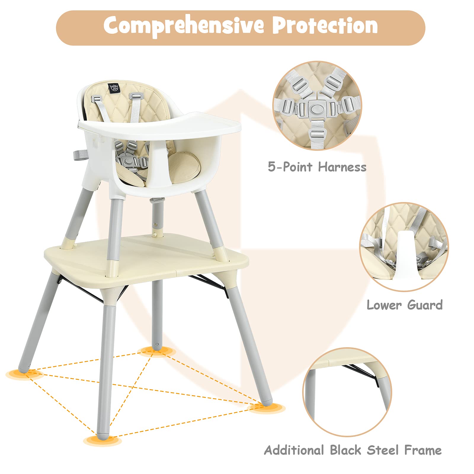 BABY JOY High Chair, 5 in 1 Convertible Highchair for Babies & Toddlers | Booster Seat | Table and Chair Set | Infant Feeding Chair with Removable Tray, Safety Harness, Removable Cushion (Beige)