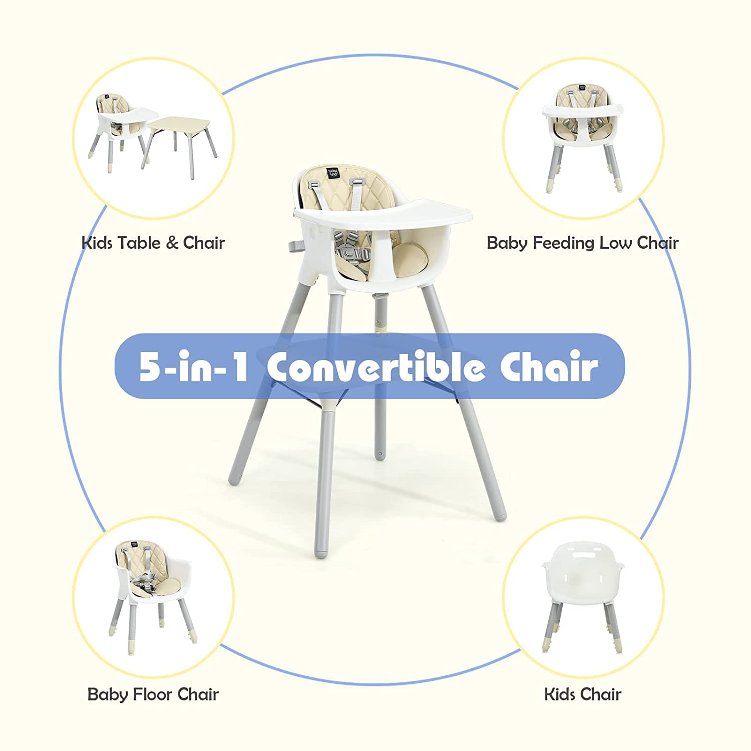 BABY JOY High Chair, 5 in 1 Convertible Highchair for Babies & Toddlers | Booster Seat | Table and Chair Set | Infant Feeding Chair with Removable Tray, Safety Harness, Removable Cushion (Beige)