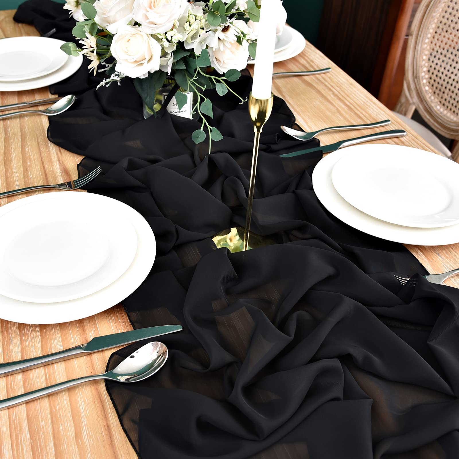 DOLOPL 10ft Black Chiffon Table Runner Wedding Table Runner,29x120 inches Gauze Table Runner,Rustic Sheer Table Decor for Romantic Bridal Shower, Baby Shower, Birthday Party Cake Table