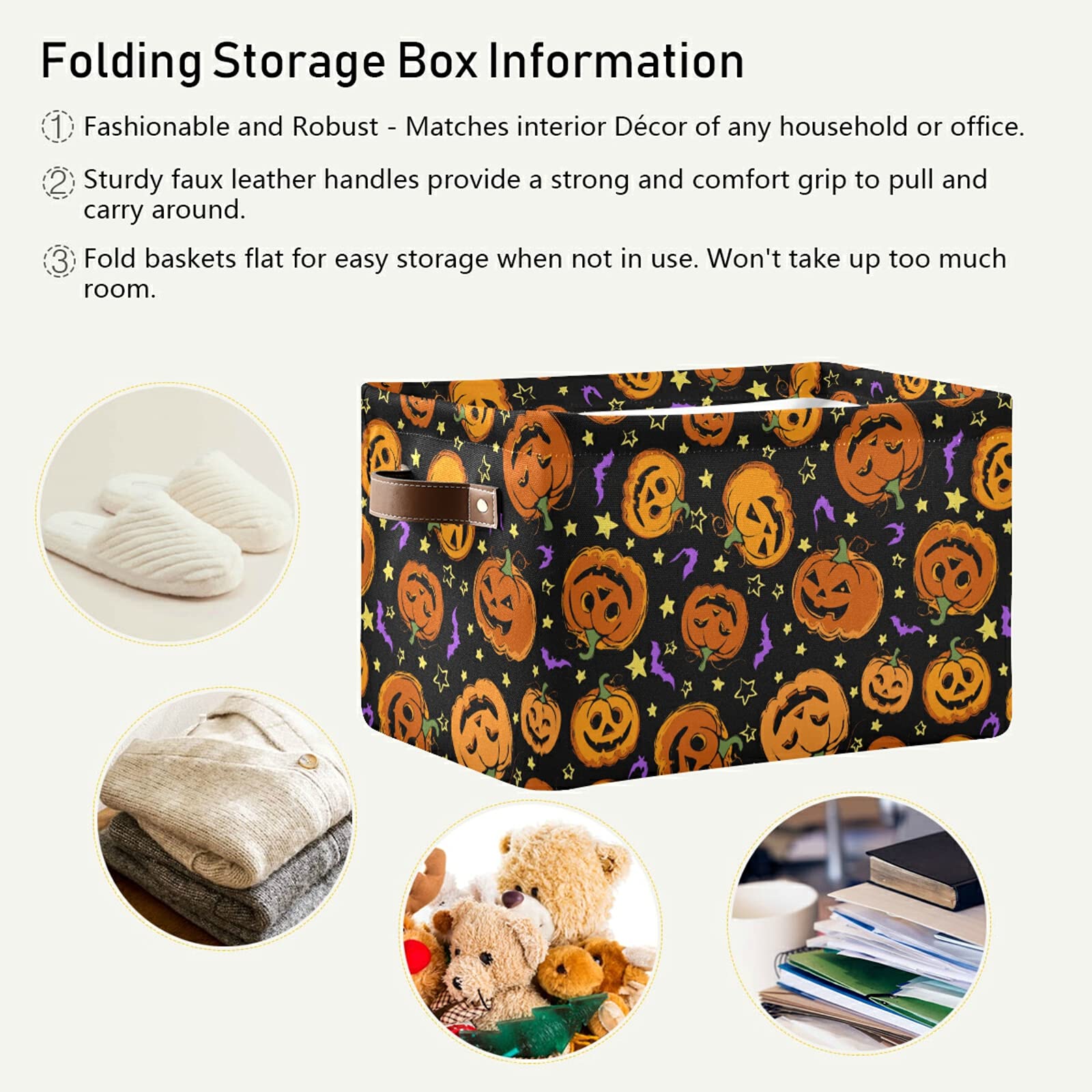 xigua Happy Halloween Scary Pumpkin Foldable Storage Bin, Collapsible Sturdy Fabric Storage Basket Cube W/Handles, Storage Box for Organizing Toys Nursery Shelf Closet Bedroom Office 1PCS