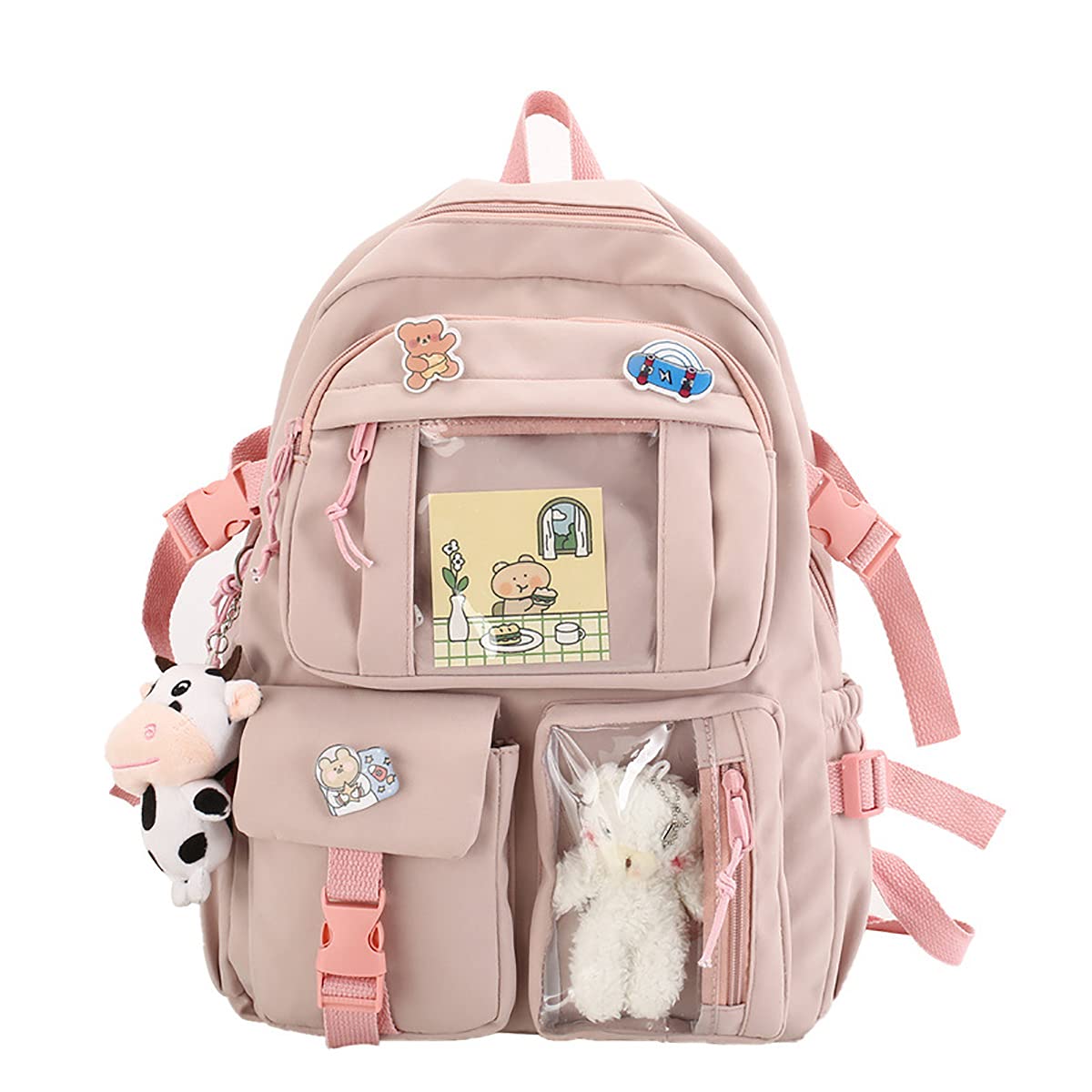 New Aesthetic Backpack Kawaii Backpack with Badge Pins Keychain Pendant Light Weight Travel Backpack