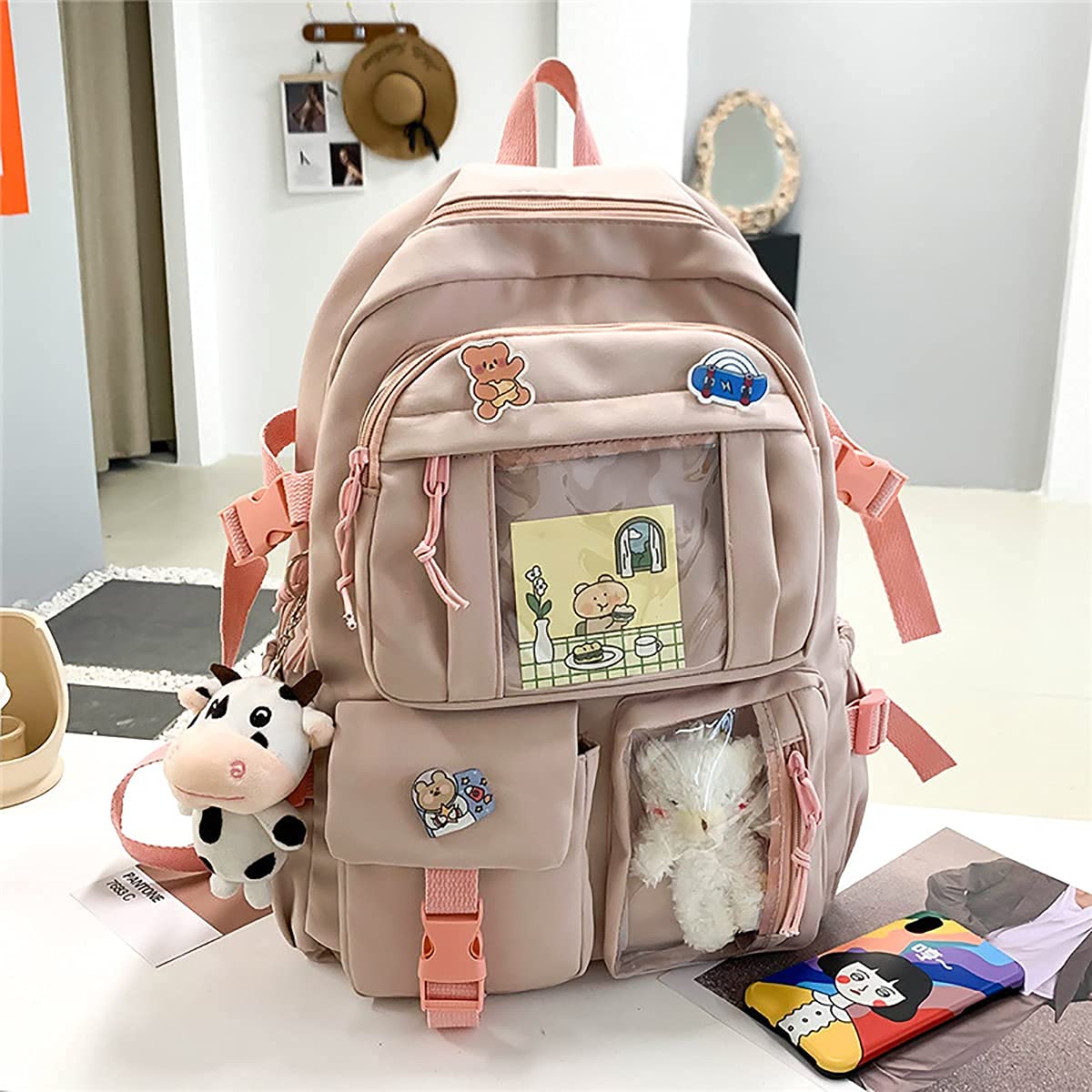 New Aesthetic Backpack Kawaii Backpack with Badge Pins Keychain Pendant Light Weight Travel Backpack