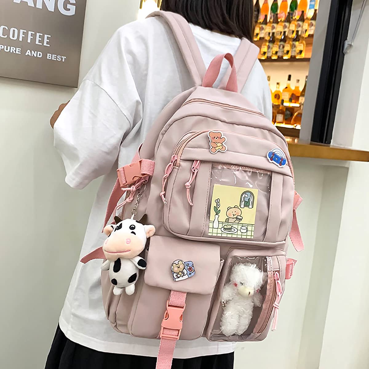 New Aesthetic Backpack Kawaii Backpack with Badge Pins Keychain Pendant Light Weight Travel Backpack