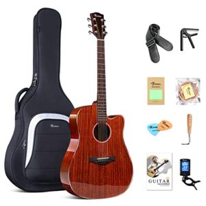 rosen g31 dreadnought acoustic guitar soild mahogany top 41 inch guitarra full size cutaway with gloss finish bundle starter kit with gig bag, tuner, strings, strap, and picks