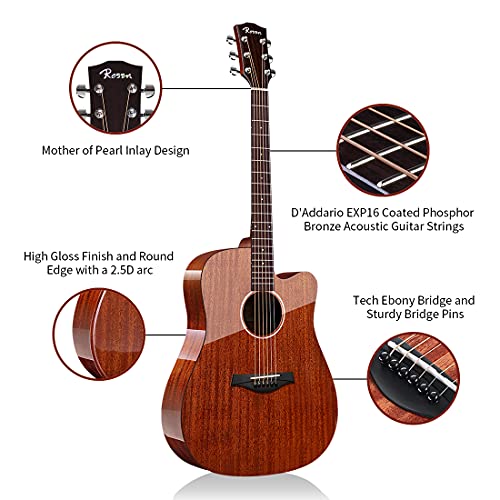 Rosen G31 Dreadnought Acoustic Guitar Soild Mahogany Top 41 Inch Guitarra Full Size Cutaway with Gloss Finish Bundle Starter Kit with Gig Bag, Tuner, Strings, Strap, and Picks