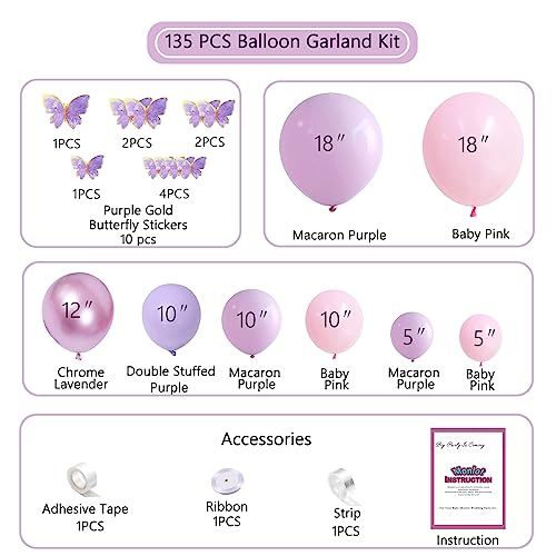 Monlot Baby Shower Decorations for Girl 135 Pcs Pink Purple Balloon Garland Kit Metallic Lavender Balloon Arch Double Stuffed Balloons Butterfly Stickers for Wedding Birthday Party Decorations