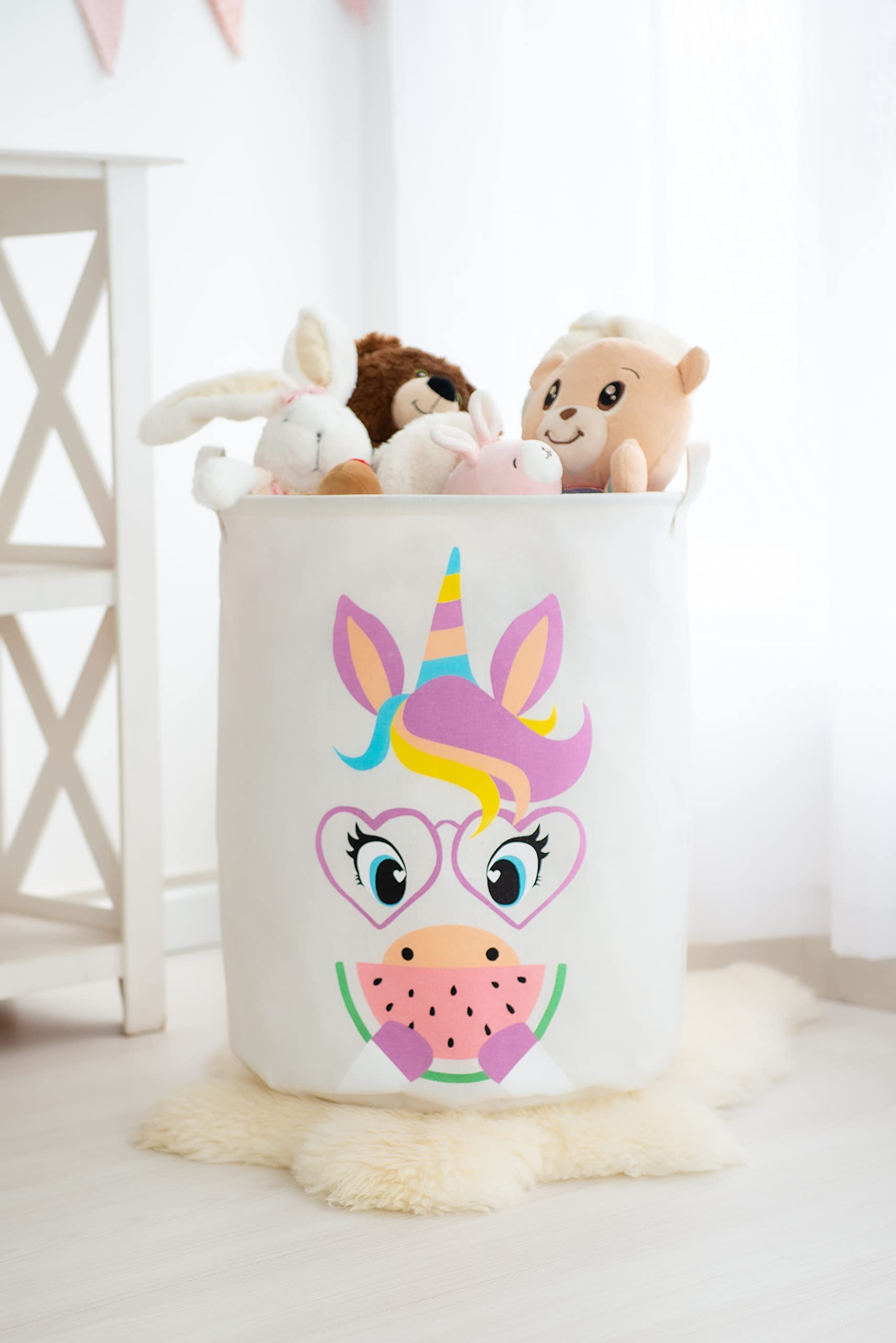 KAZULO Unicorn Hamper Set, Large Round Unicorn Laundry Baskets, kids Hampers laundry Girls, Girls Storage Box Unicorn, Child Laundry Set, Kids Basket (Watermelon Unicorn Bundle)