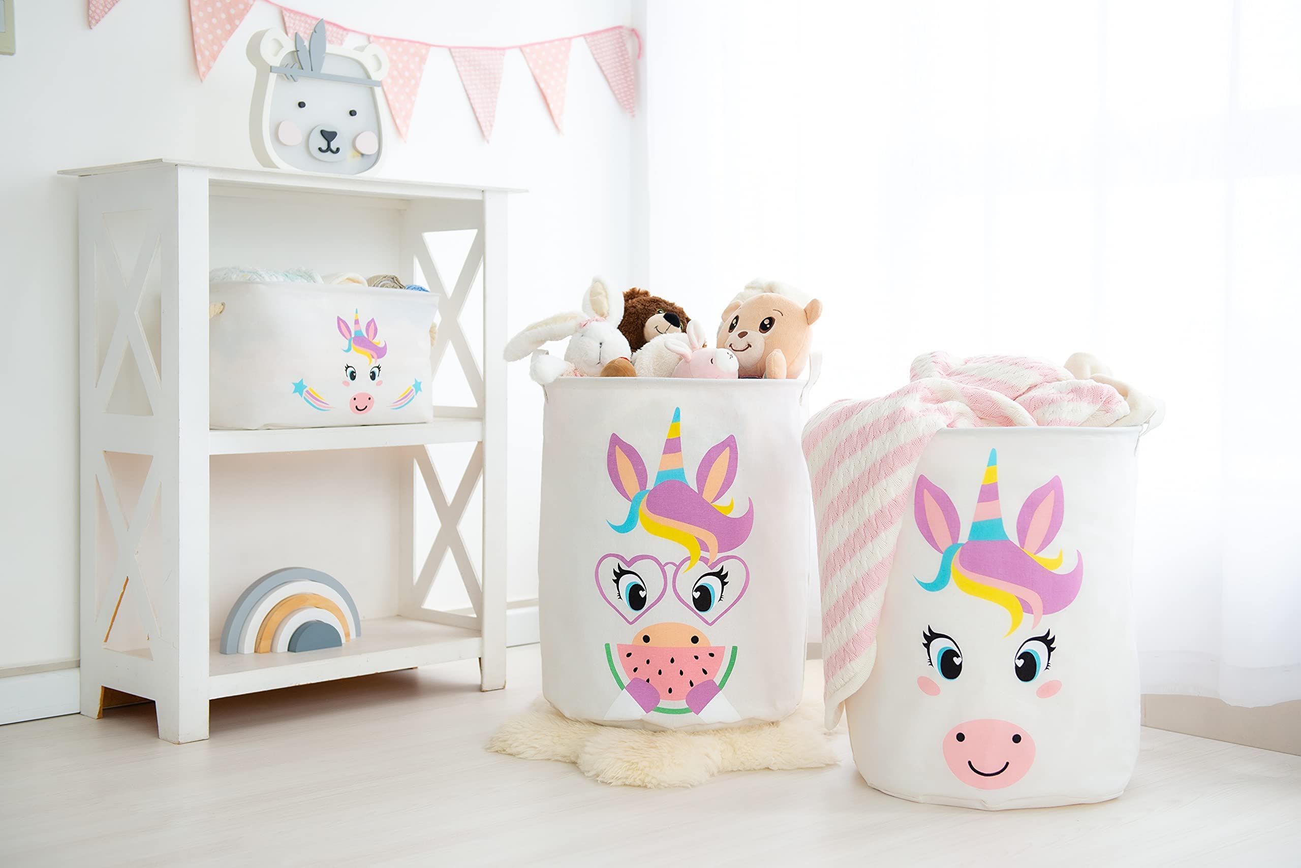 KAZULO Unicorn Hamper Set, Large Round Unicorn Laundry Baskets, kids Hampers laundry Girls, Girls Storage Box Unicorn, Child Laundry Set, Kids Basket (Watermelon Unicorn Bundle)