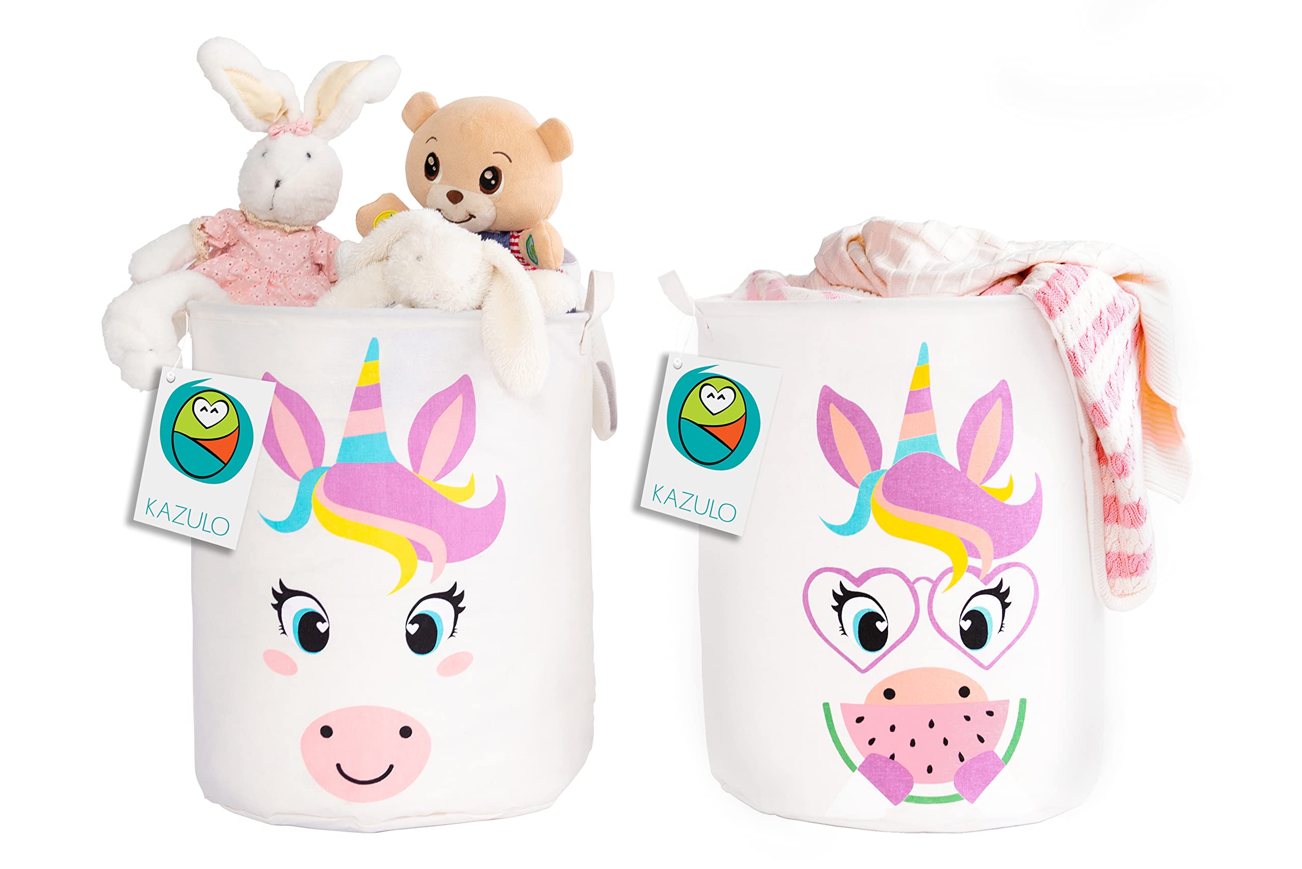 KAZULO Unicorn Hamper Set, Large Round Unicorn Laundry Baskets, kids Hampers laundry Girls, Girls Storage Box Unicorn, Child Laundry Set, Kids Basket (Watermelon Unicorn Bundle)