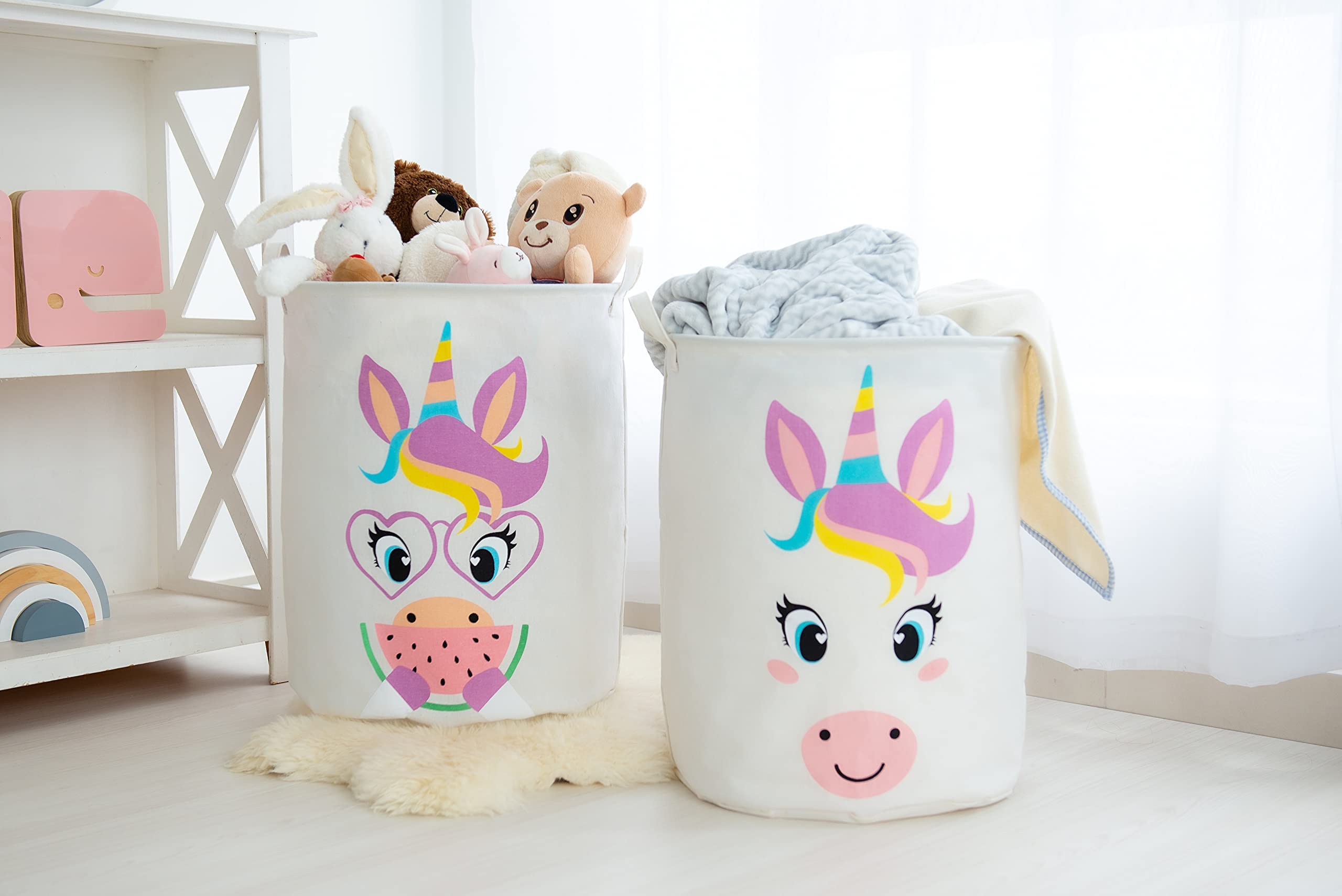 KAZULO Unicorn Hamper Set, Large Round Unicorn Laundry Baskets, kids Hampers laundry Girls, Girls Storage Box Unicorn, Child Laundry Set, Kids Basket (Watermelon Unicorn Bundle)