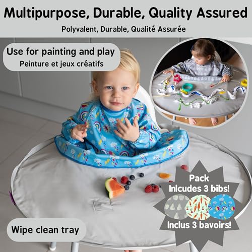 Tidy Tot- Bib & Tray Kit Baby Feeding Set - 3 Mess Proof Long Sleeve Smocks Attaches to Feeding Mat - Waterproof Bibs – Machine Washable. Fits Babies and Toddlers 6-24 months.