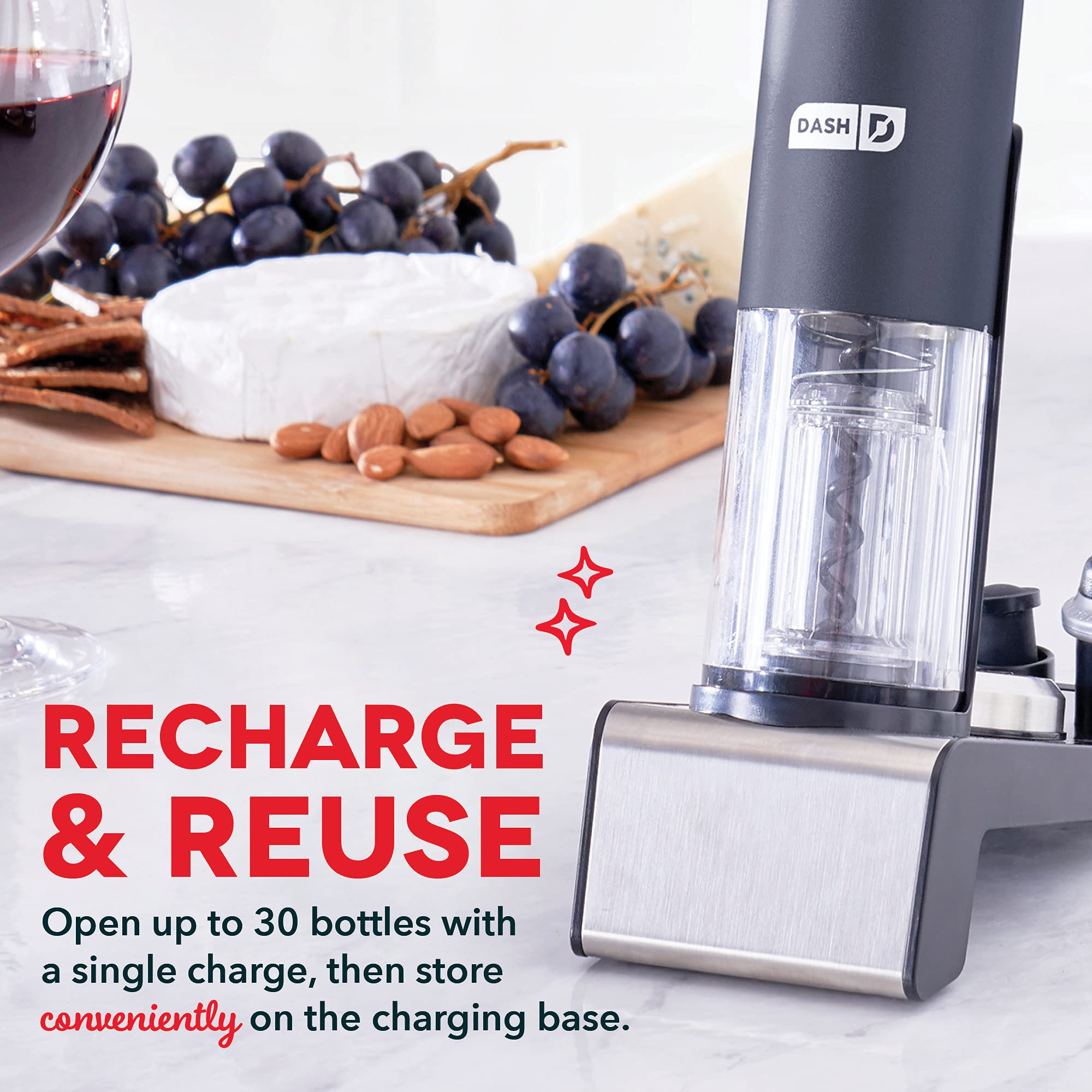 Dash Serve & Preserve Wine Set – Rechargeable Electric Wine Preservation System – Wine Bottle Opener, Vacuum Sealer, 2 Reusable Caps + Charging Base – Graphite