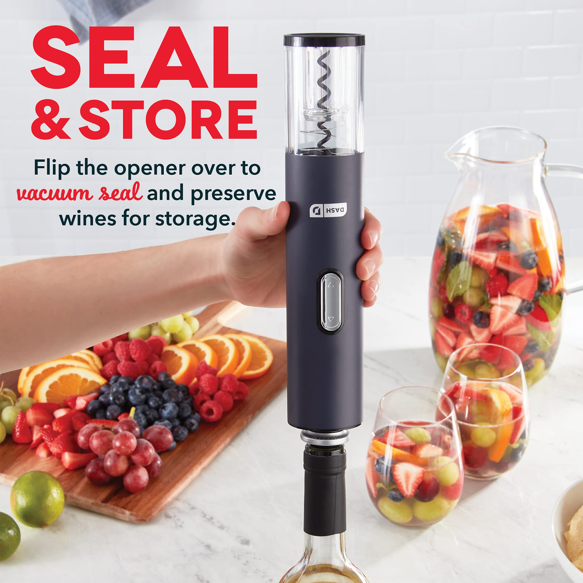 Dash Serve & Preserve Wine Set – Rechargeable Electric Wine Preservation System – Wine Bottle Opener, Vacuum Sealer, 2 Reusable Caps + Charging Base – Graphite