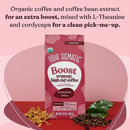 Four Sigmatic Boost Organic High Caffeine Coffee | Dark Roast Extra Strong Ground Coffee with L-Theanine & Cordyceps Mushroom Extract | Energy Booster Super Coffee without the Jitters | 12oz Bag