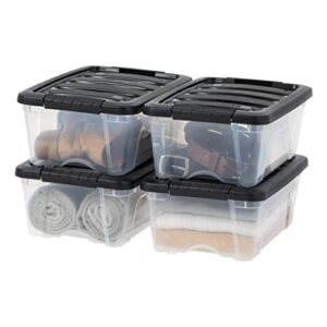 iris usa 12 quart stackable plastic storage bins with lids and latching buckles, 4 pack - clear/black, containers with lids and latches, durable nestable closet, garage, totes, tubs boxes organizing