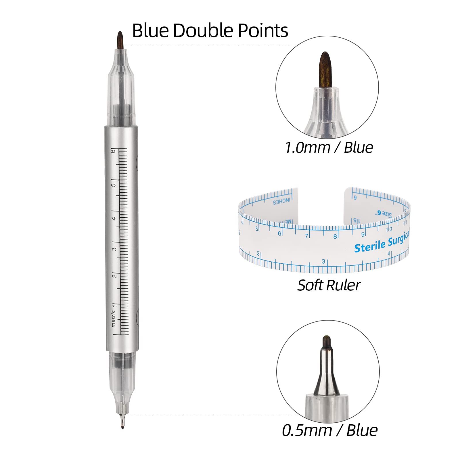 JimKing Surgical Skin Marker Pen, Professional Sterile Stencil Marker Pen with Paper Ruler for Microblading, Waterproof Disposable Marker for Skin, Eyebrow, 0.5mm+0.1mm Head