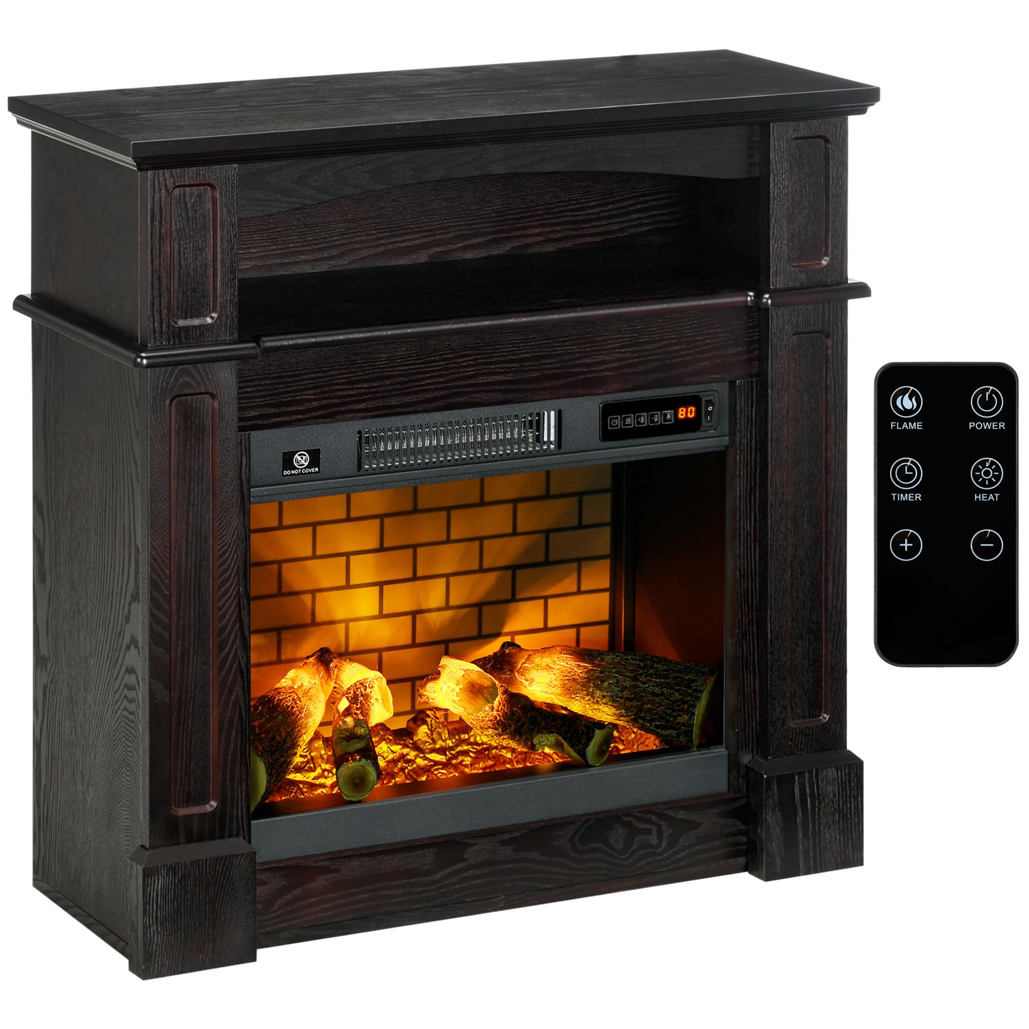 HOMCOM 32" Electric Fireplace with Mantel, Freestanding Heater with LED Log Flame, Shelf and Remote Control, 1400W, Brown