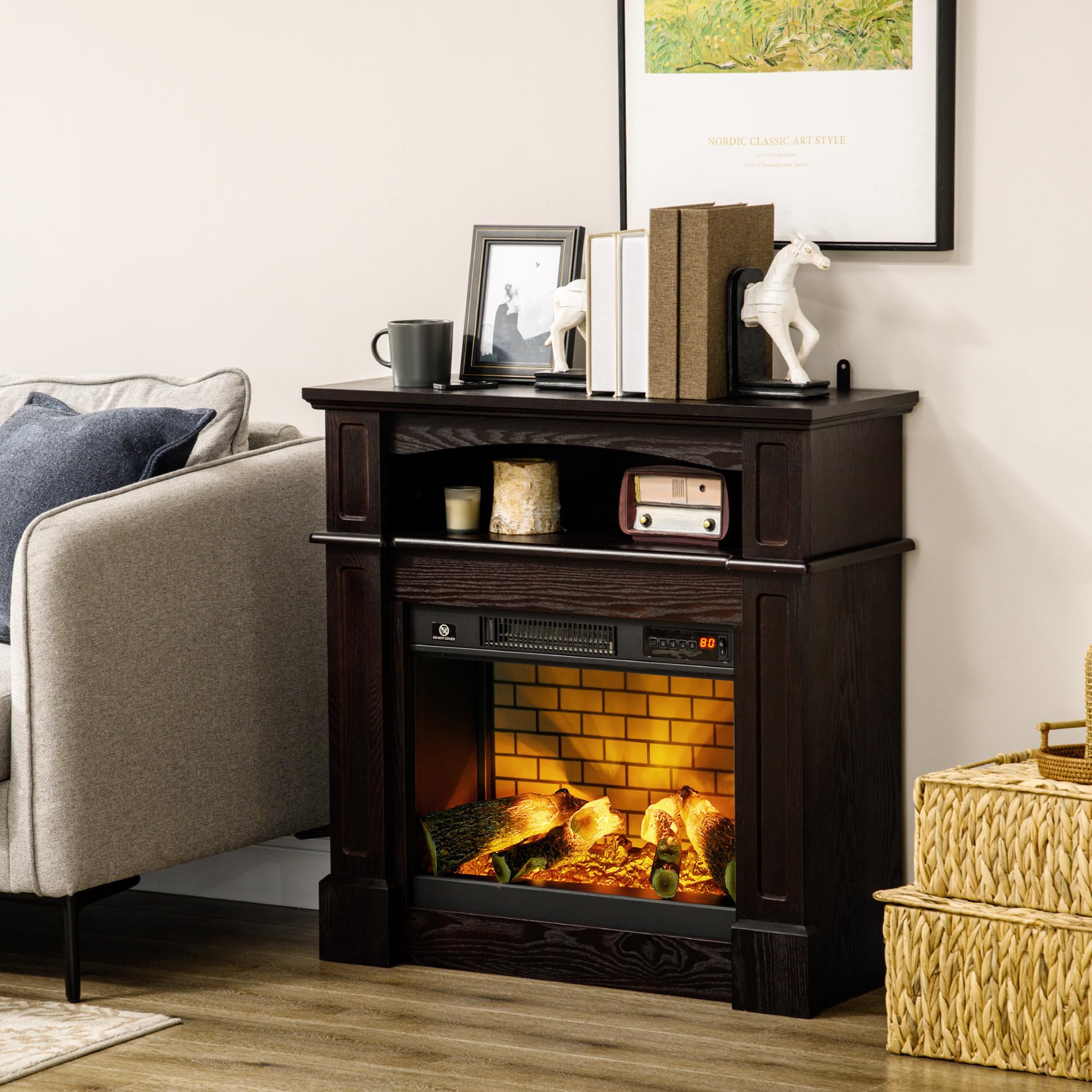 HOMCOM 32" Electric Fireplace with Mantel, Freestanding Heater with LED Log Flame, Shelf and Remote Control, 1400W, Brown