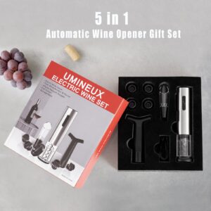 Electric Wine Bottle Opener Set with Foil Cutter Vacuum Stopper Wine Aerator Pourer and manual vacuum pump, 5 in 1 Automatic Wine Opener Gift Set for Wine Lover