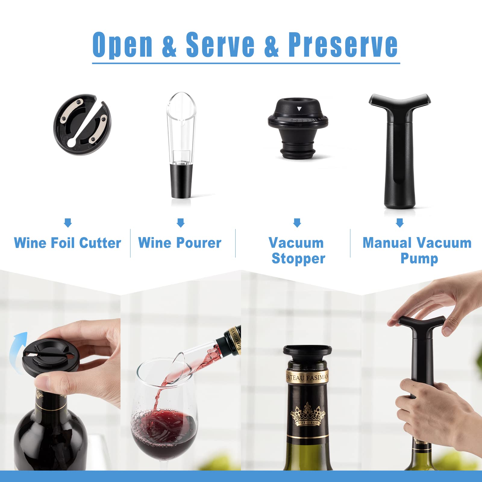 Electric Wine Bottle Opener Set with Foil Cutter Vacuum Stopper Wine Aerator Pourer and manual vacuum pump, 5 in 1 Automatic Wine Opener Gift Set for Wine Lover