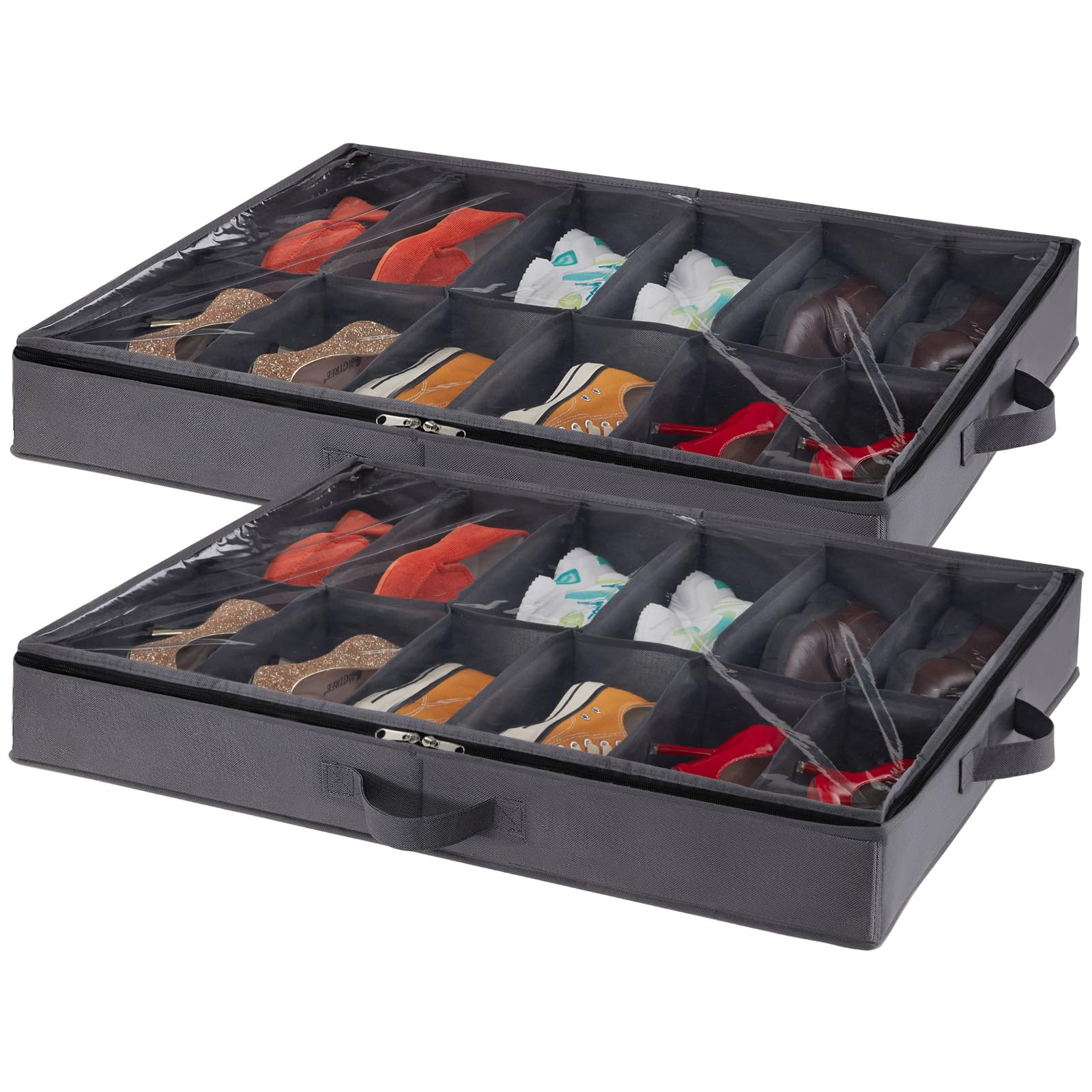 Lifewit Under Bed Shoe Storage Organizer Set of 2, Foldable Fabric Shoes Container Box with Clear Cover See Through Window Storage Bag with 2 Handles Total Fits 24 Pairs of Shoes, Grey