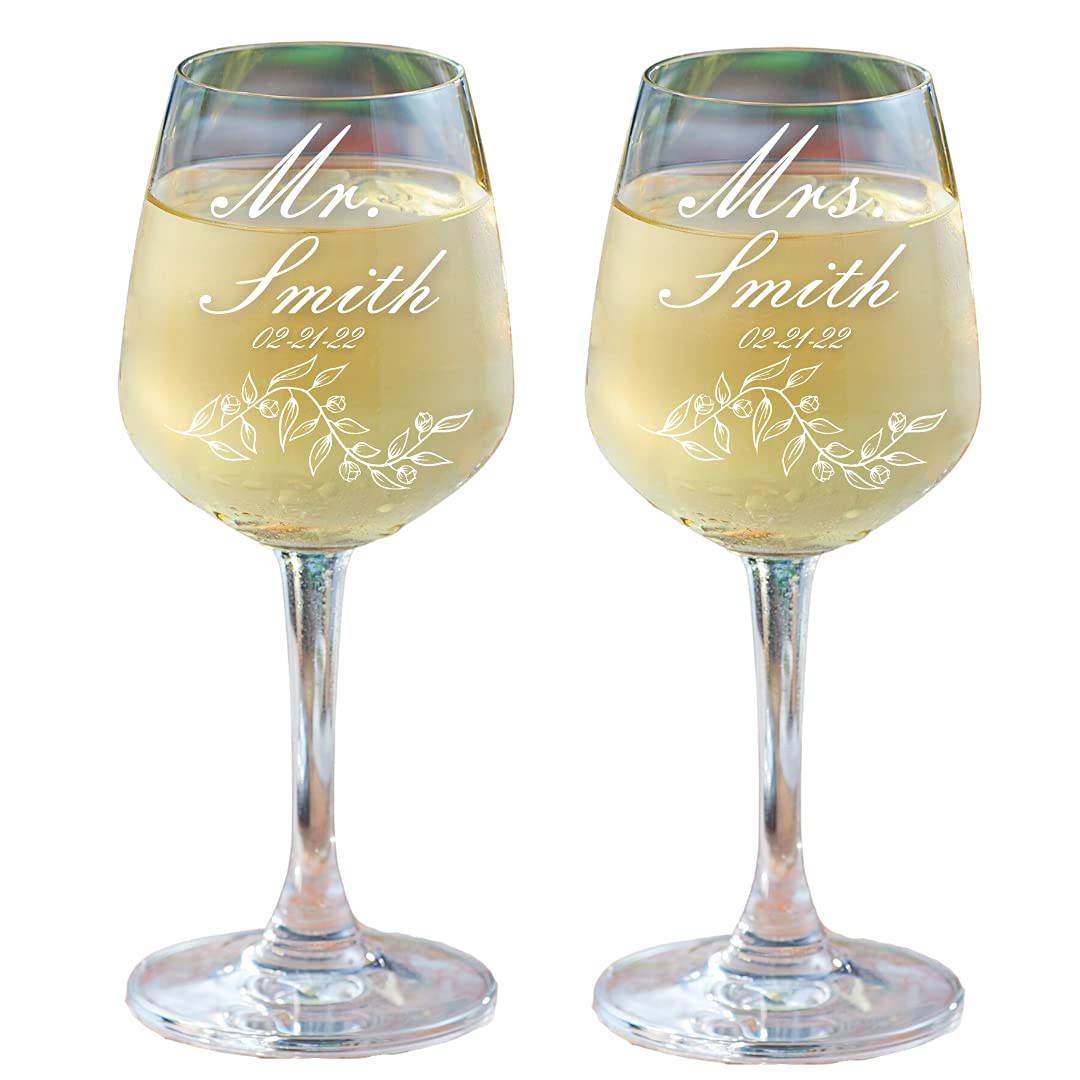 Personalized 11 oz. Wine Glasses | Set of 2 | Wedding Theme | Fully Customizable Designs | Clear Glass | Gift for weddings, anniversaries, birthdays, or housewarming