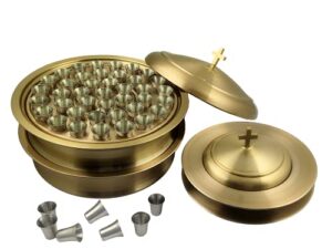 communion ware 2 holy wine serving trays with a lid & 2 stacking bread plates with a lid + 80 cups - stainless steel (brass/gold)