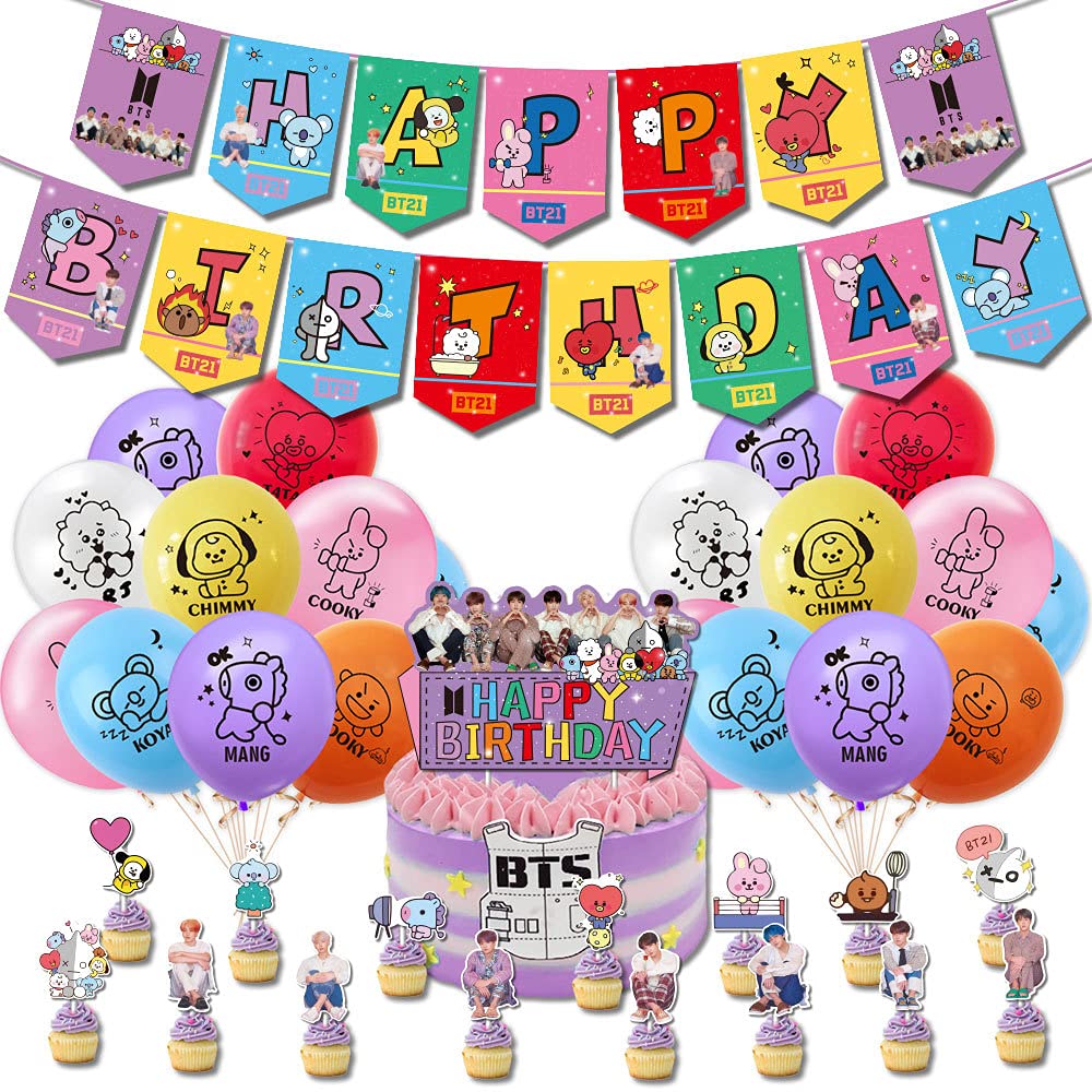 BTS Birthday Party Supplies,BTS Happy Birthday Banner Cake Topper Party Balloons for Kids Birthday Party Favor Decorations