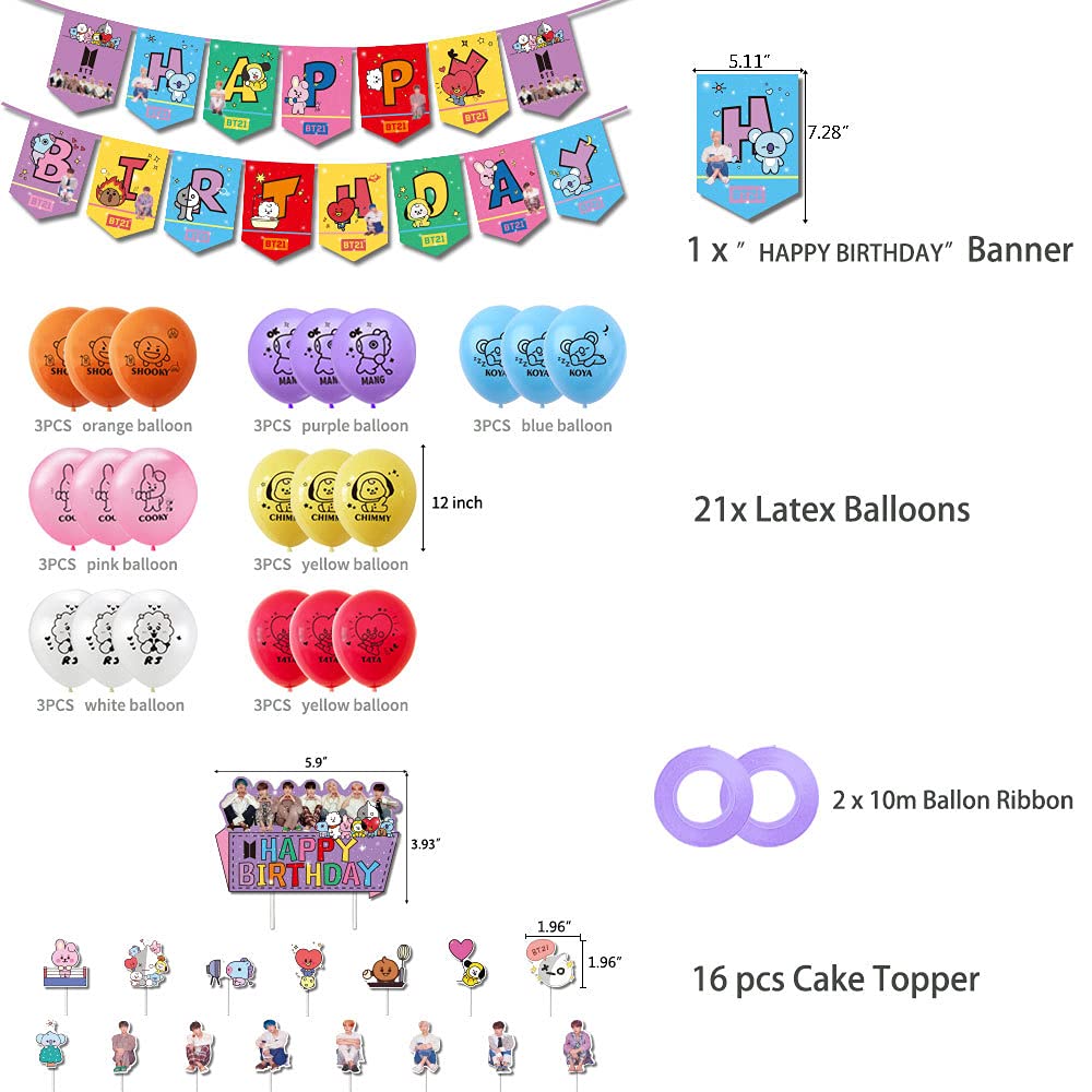 BTS Birthday Party Supplies,BTS Happy Birthday Banner Cake Topper Party Balloons for Kids Birthday Party Favor Decorations