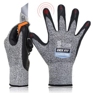 dex fit a5 precision cut resistant gloves cru553 thin, firm grip, 3d-comfort fit, lightweight & durable, touchscreen compatible for precision assembly; grey l (9) 1 pair