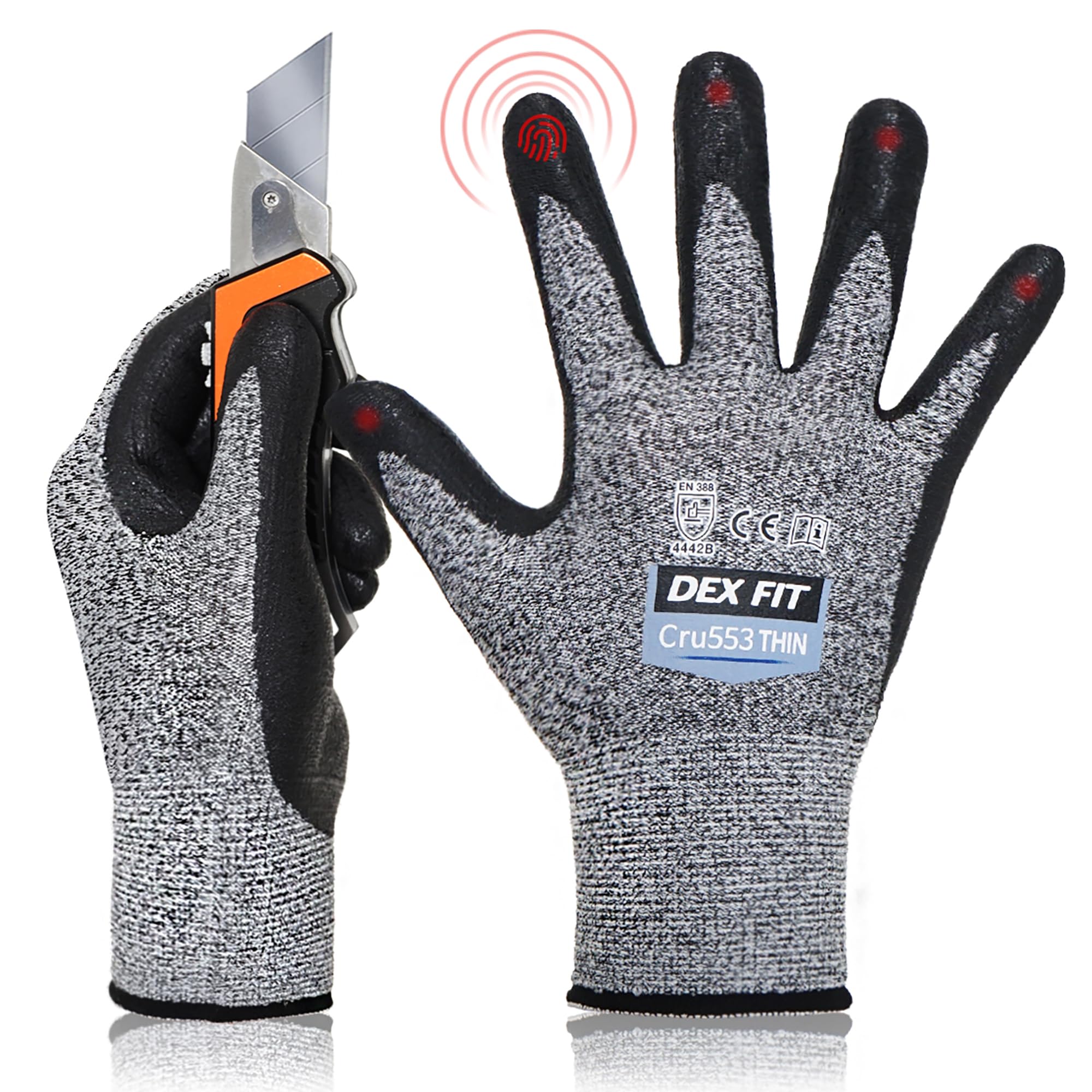 DEX FIT A5 Precision Cut Resistant Gloves Cru553 Thin, Firm Grip, 3D-Comfort Fit, Lightweight & Durable, Touchscreen Compatible for Precision Assembly; Grey L (9) 1 Pair