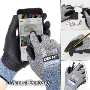 DEX FIT A5 Precision Cut Resistant Gloves Cru553 Thin, Firm Grip, 3D-Comfort Fit, Lightweight & Durable, Touchscreen Compatible for Precision Assembly; Grey L (9) 1 Pair