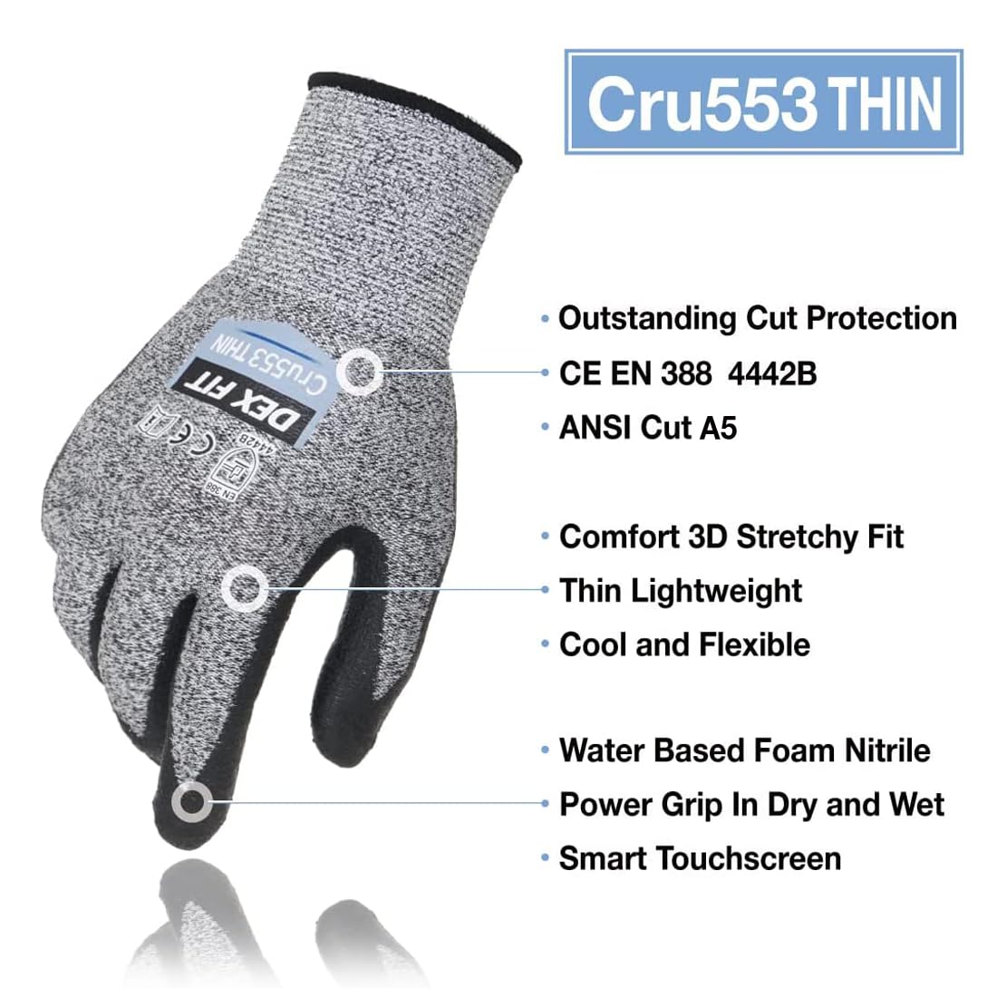 DEX FIT A5 Precision Cut Resistant Gloves Cru553 Thin, Firm Grip, 3D-Comfort Fit, Lightweight & Durable, Touchscreen Compatible for Precision Assembly; Grey L (9) 1 Pair