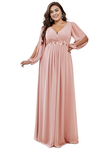 Ever-Pretty Plus Women's Plus Size A-line Long Slit Sleeves Bidesmaid Dress for Wedding Pink US26