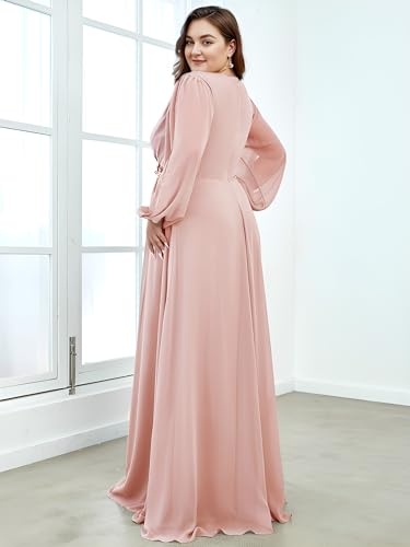 Ever-Pretty Plus Women's Plus Size A-line Long Slit Sleeves Bidesmaid Dress for Wedding Pink US26