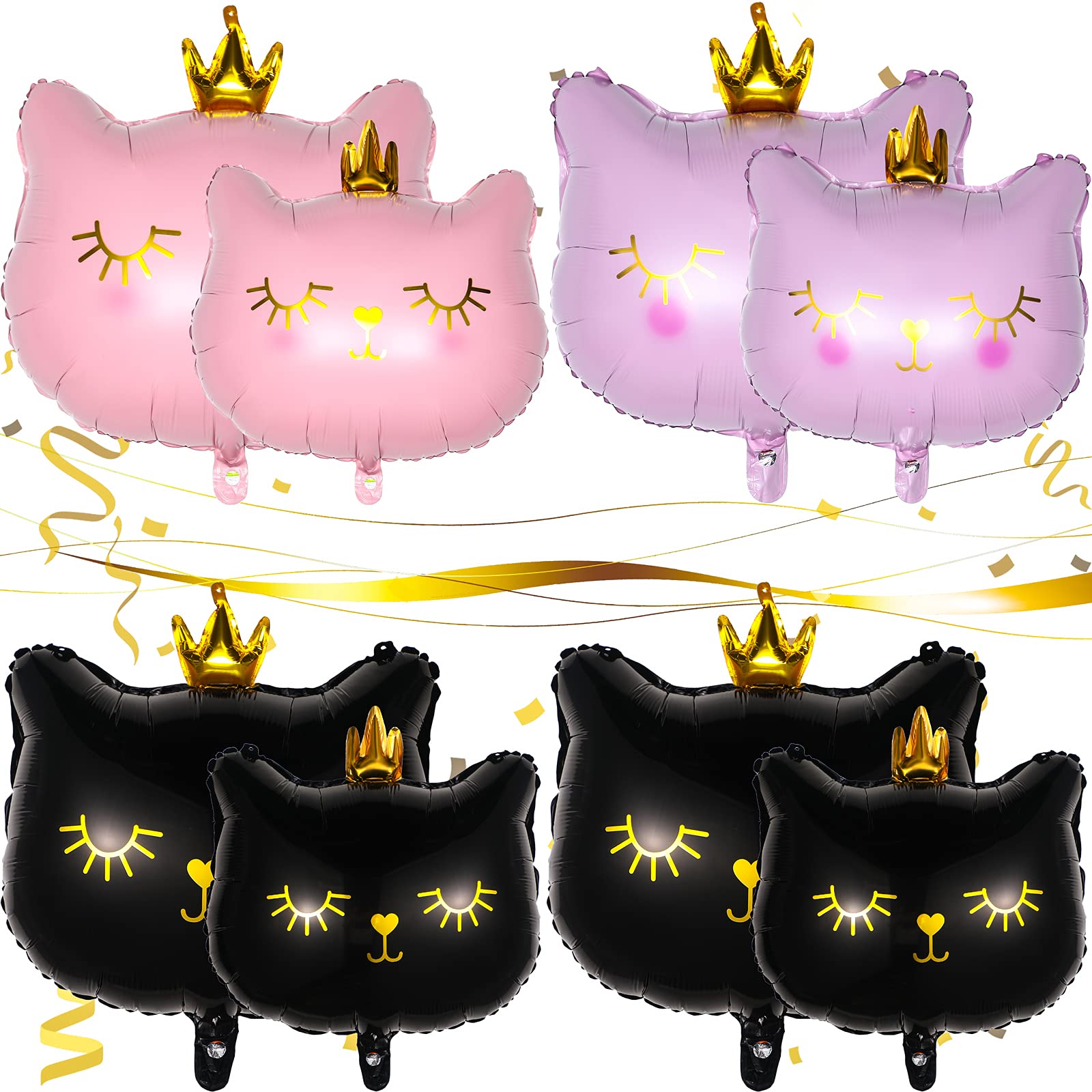 8 Pieces Crown Cat Foil Balloons Cute Kitty Cat Birthday Balloons Animal Balloons for Girls Kitten Pet Cat Birthday Party Supplies Decorations, Pink and Black (Cute Style, Small Size)