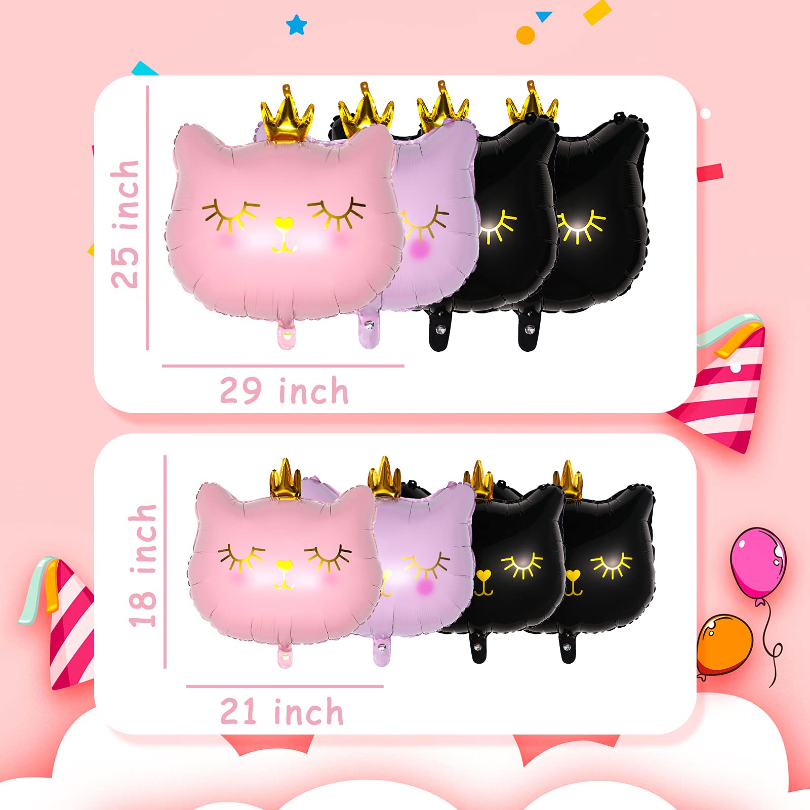 8 Pieces Crown Cat Foil Balloons Cute Kitty Cat Birthday Balloons Animal Balloons for Girls Kitten Pet Cat Birthday Party Supplies Decorations, Pink and Black (Cute Style, Small Size)