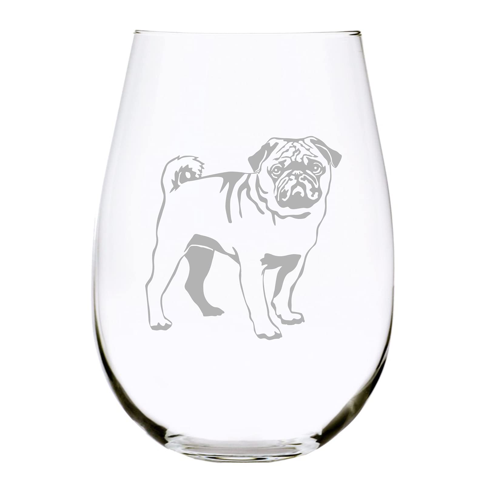 Pug (P1) themed, dog stemless wine glass, 17 oz.