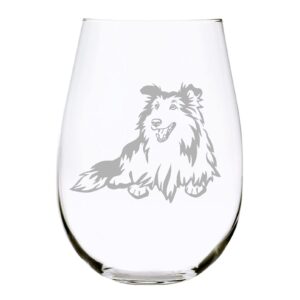 sheltie (s2) themed, dog stemless wine glass, 17 oz.