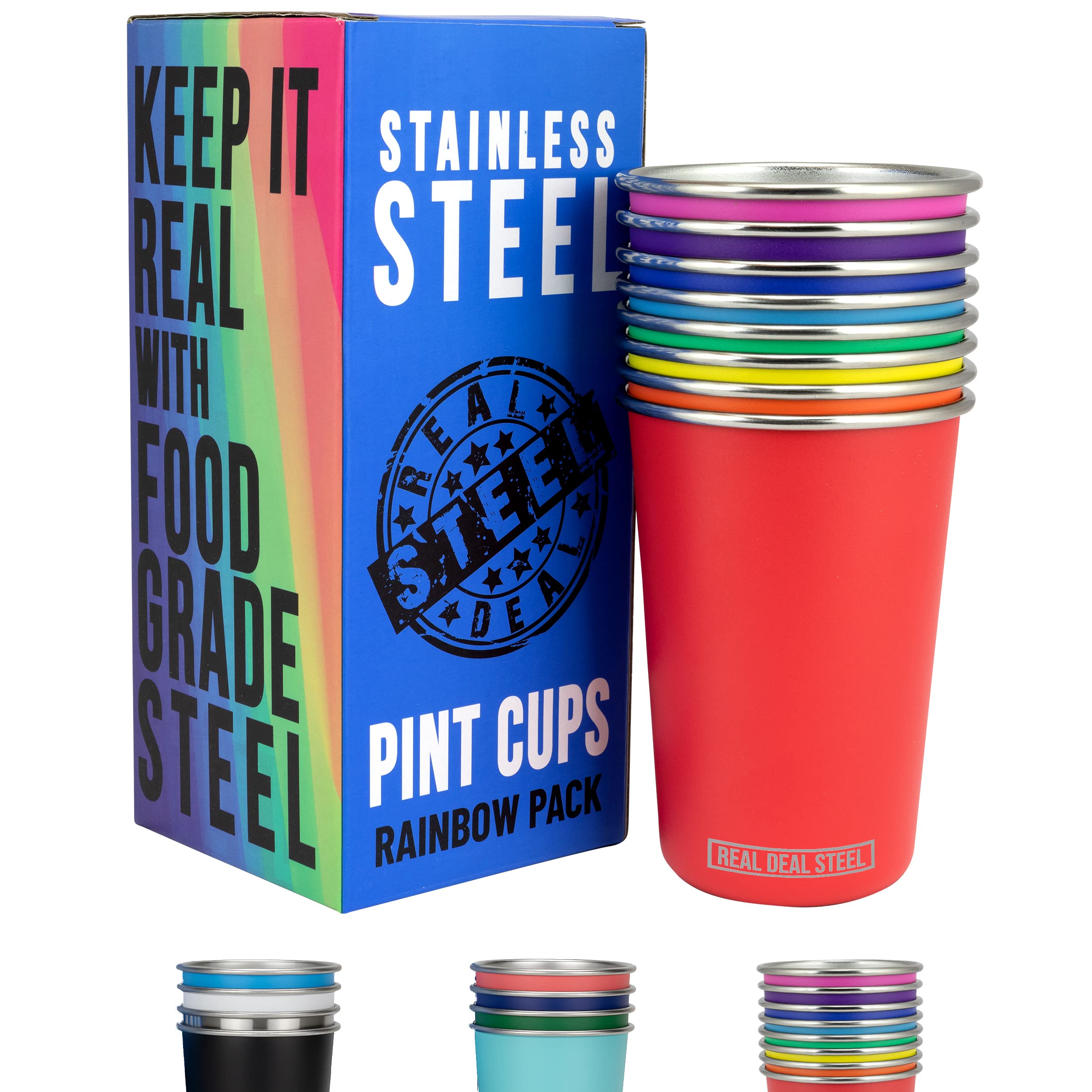 Real Deal Steel Rainbow Cups 16 oz Pint Cups, Stackable Tumblers, Eco Friendly Premium Metal Drinking Glasses